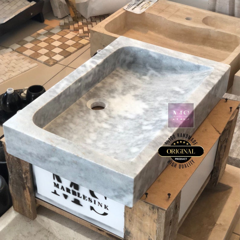 Gray White Marble Sink Rectangle Marble Sink Marble Powder Room Sink ...