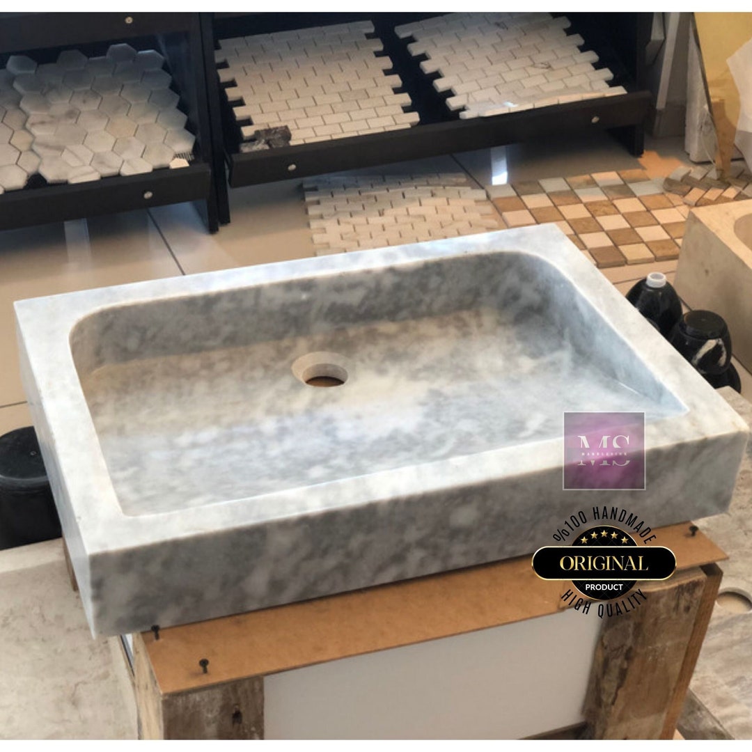 Gray White Marble Sink Rectangle Marble Sink Marble Powder Room Sink ...