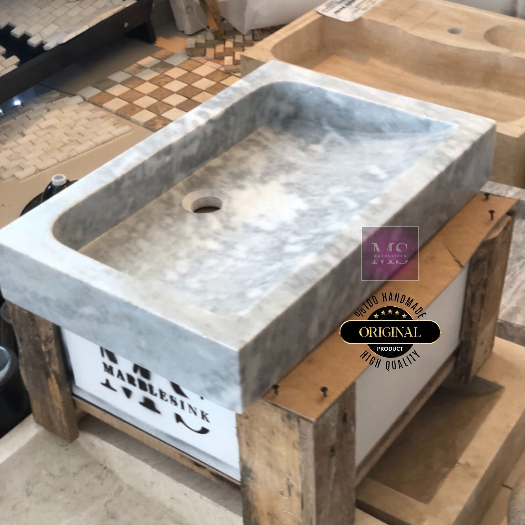 Gray White Marble Sink Rectangle Marble Sink Marble Powder Room Sink ...