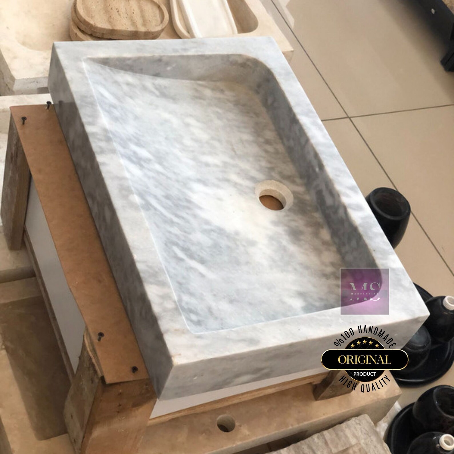 Gray White Marble Sink Rectangle Marble Sink Marble Powder Room Sink ...