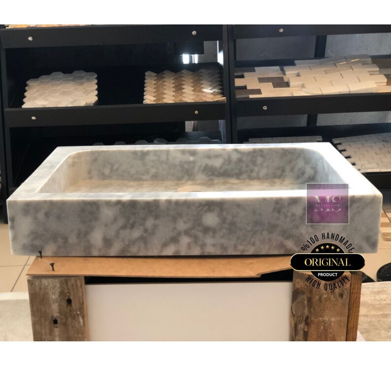 Gray White Marble Sink Rectangle Marble Sink Marble Powder Room Sink ...
