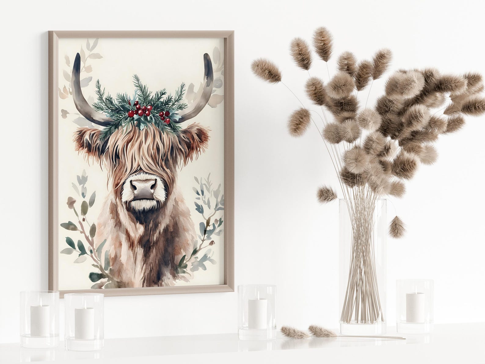 Highland Cow With a Mistletoe Crown, Highland Cow Print, Cute Cow Art ...