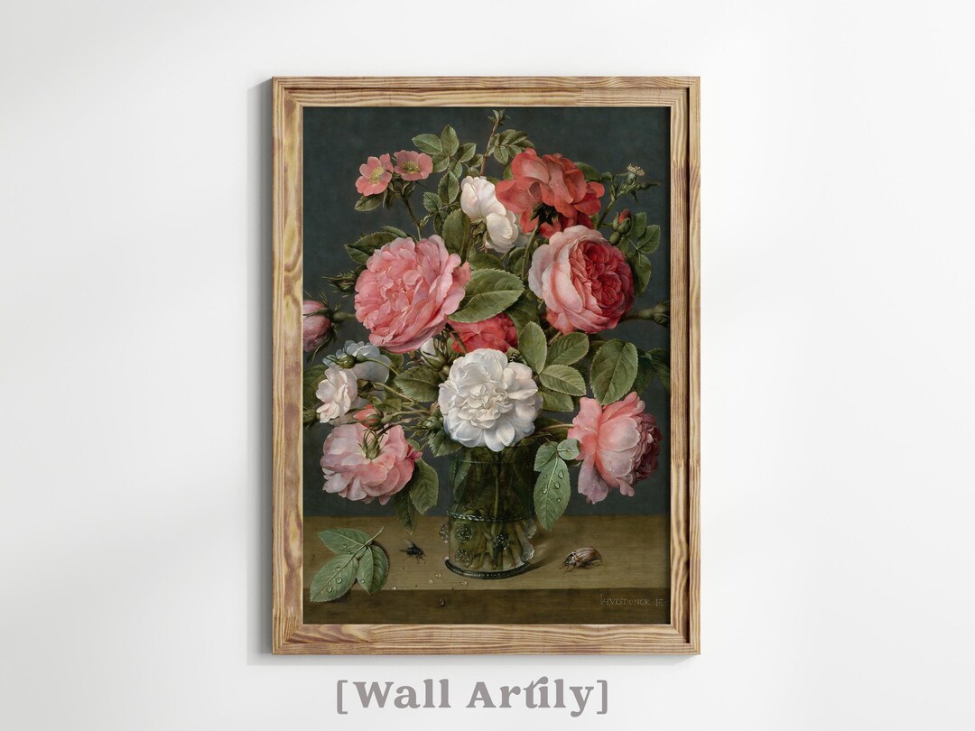 Antique Roses Painting, Vintage Printable Wall Art, Moody Dark Academia ...