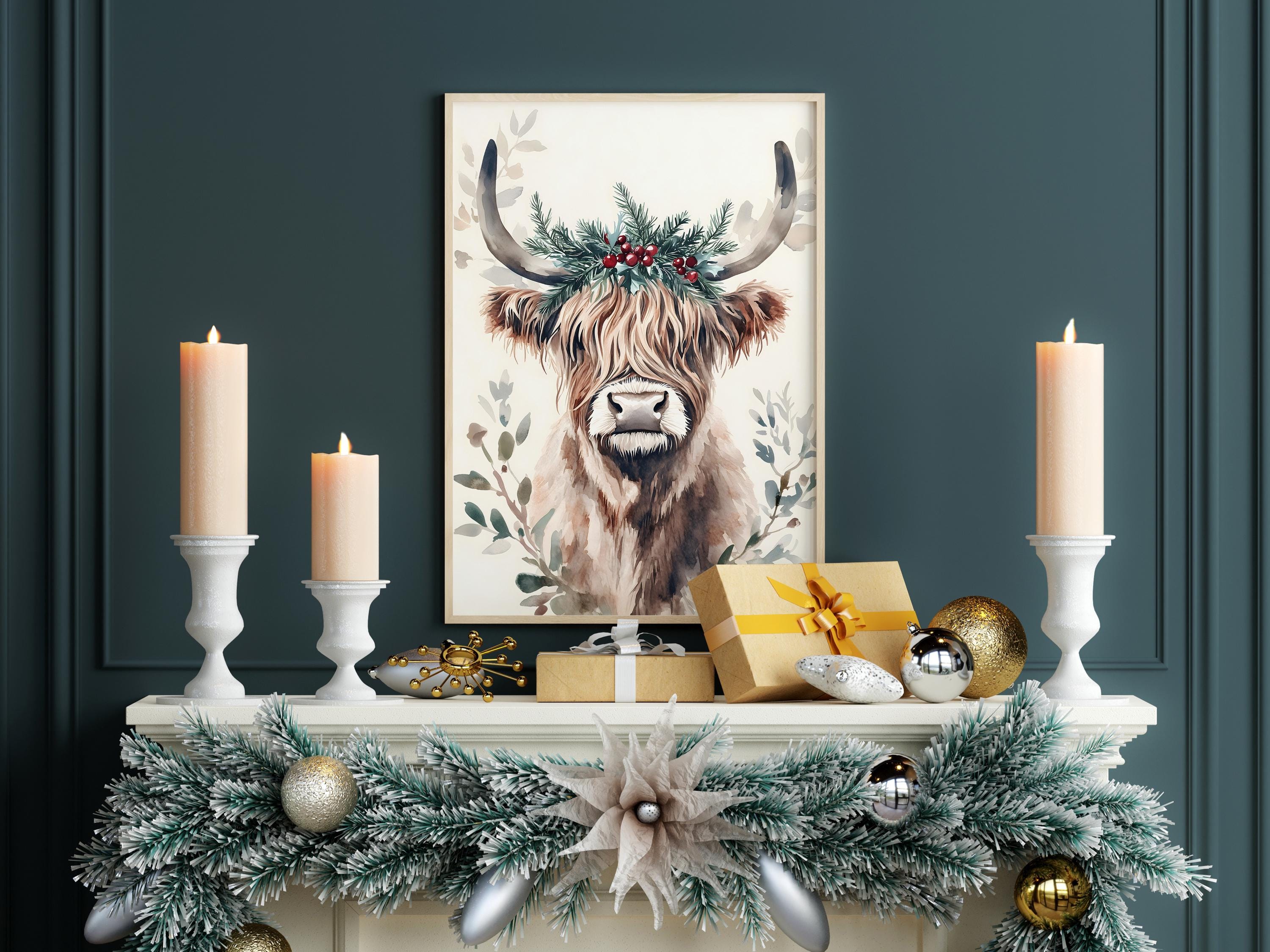 Highland Cow With a Mistletoe Crown, Highland Cow Print, Cute Cow Art ...