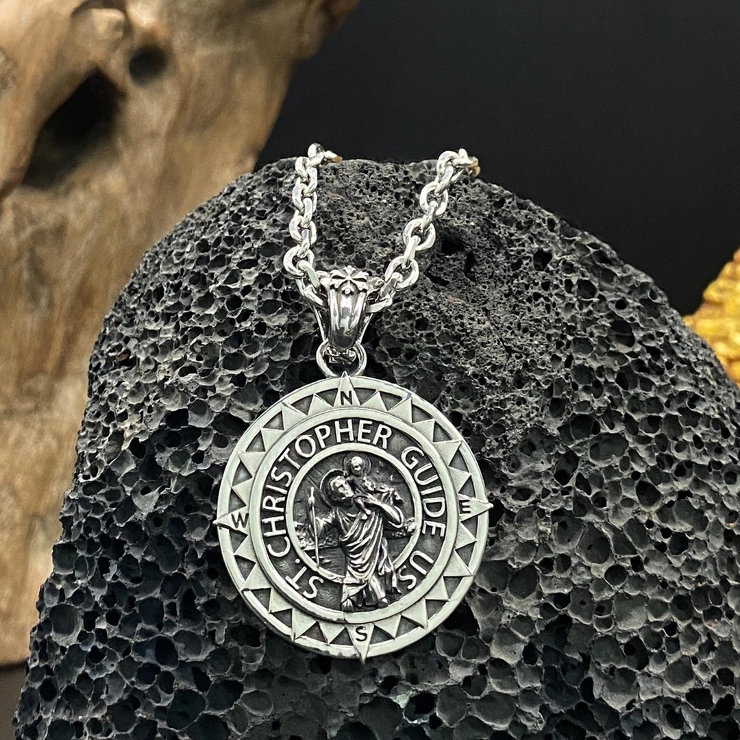 St Christopher Pendant for Men Compass Stainless Steel Necklace Fashion ...