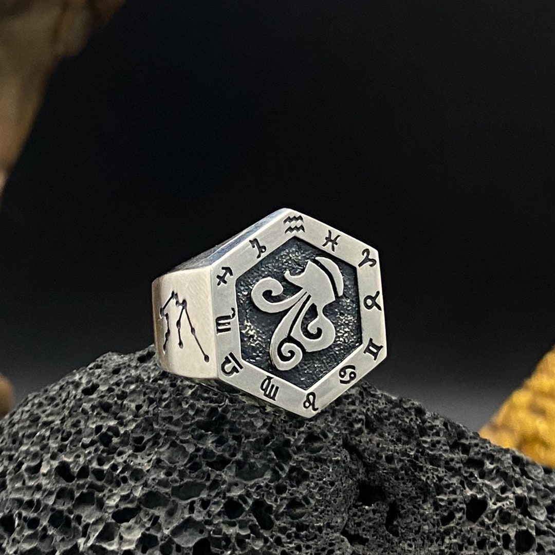 925 Sterling Silver Zodiac Aquarius Ring Handmade Constellation Signet ...