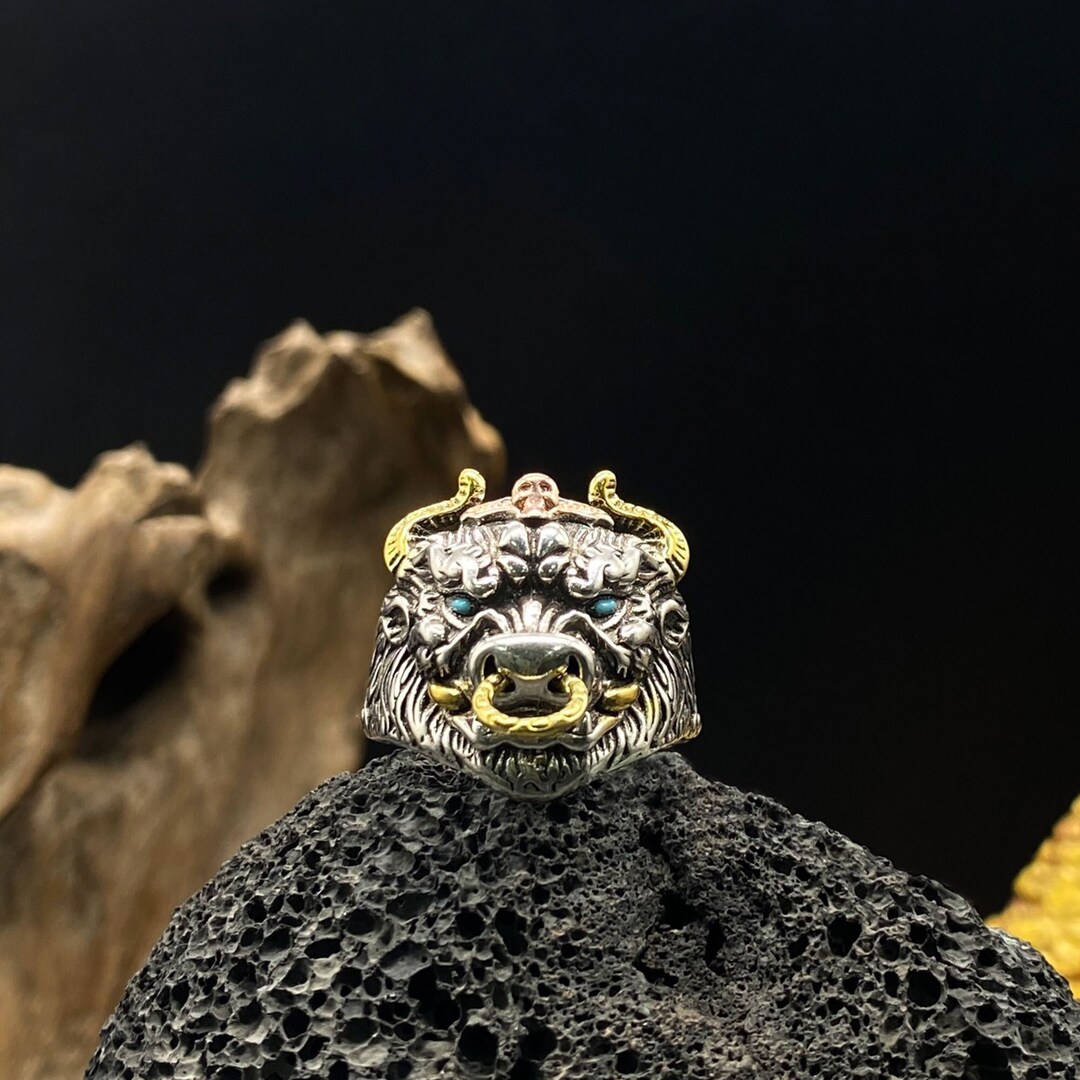 Domineering Bull Head Ring Blue Agate Animal Eye Ring Trendy Man Punk ...