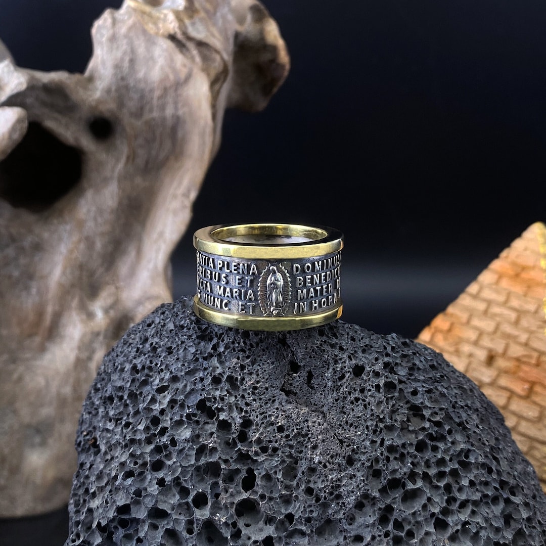 Catholic Virgin Mary Scripture Silver Ring Inlaid Copper Band Fashion ...