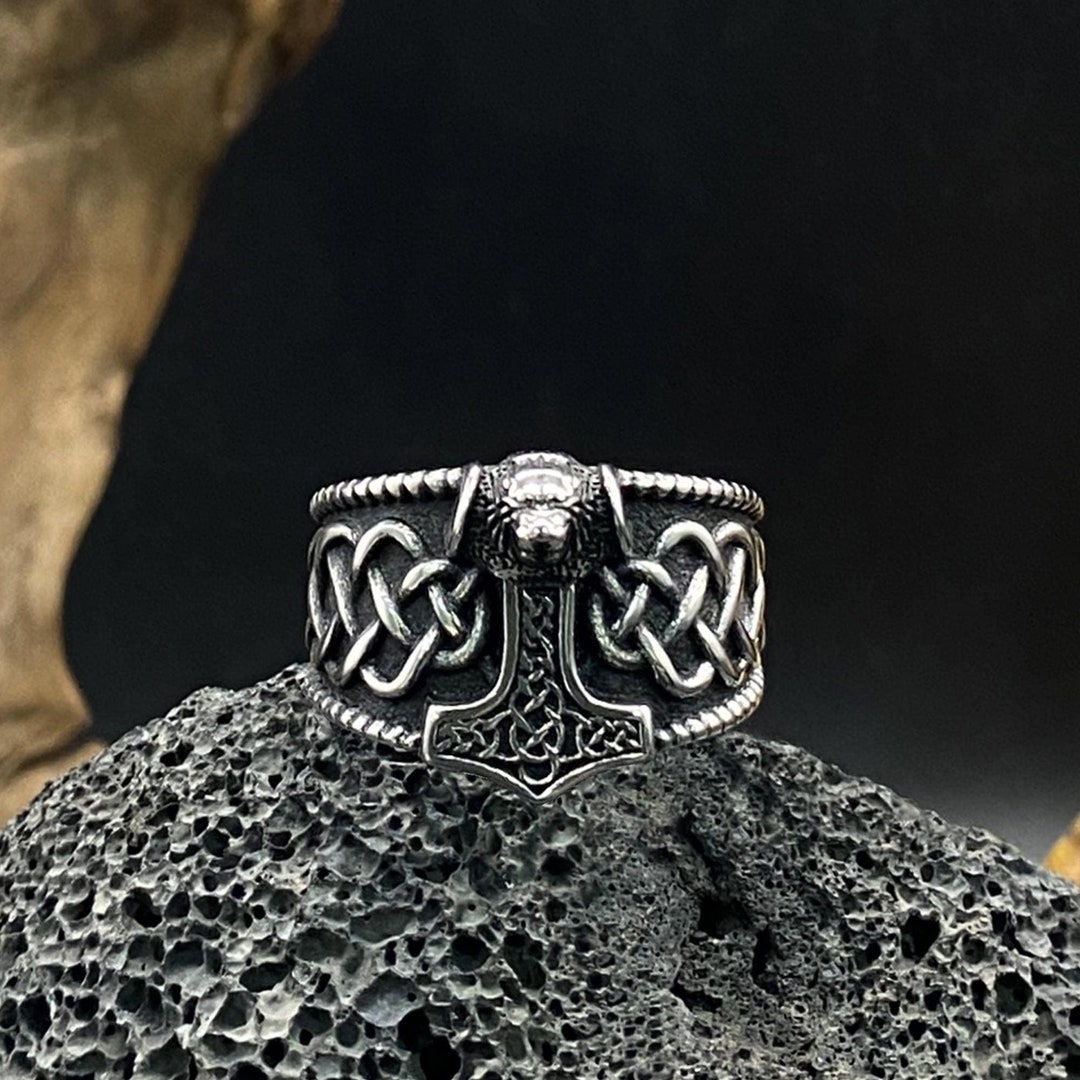 Retro Nordic Viking Thor's Hammer Men's Ring Mythical Rune Mjolnir ...