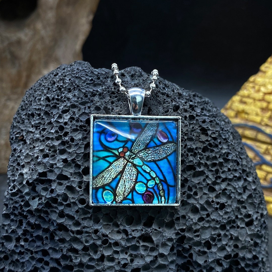 Colored Blue Dragonfly Animal Glass Pendant Necklace Square Dragonfly ...