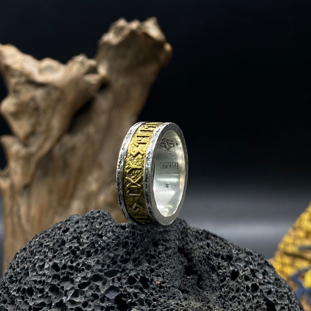 925 Sterling Silver Viking Runes Ring Gold Letter Ring Silver Welded ...