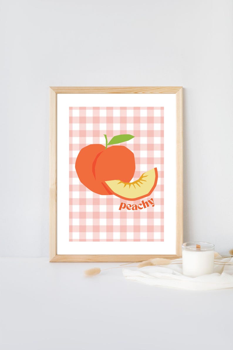 Peach Pink Gingham Background Art Poster, Orange Peachy Fruit Retro ...