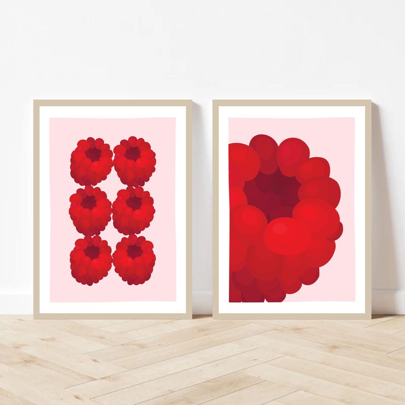 Set of Two Raspberry Fruit Posters, Cute Raspberry Fruits Kitchen Print ...