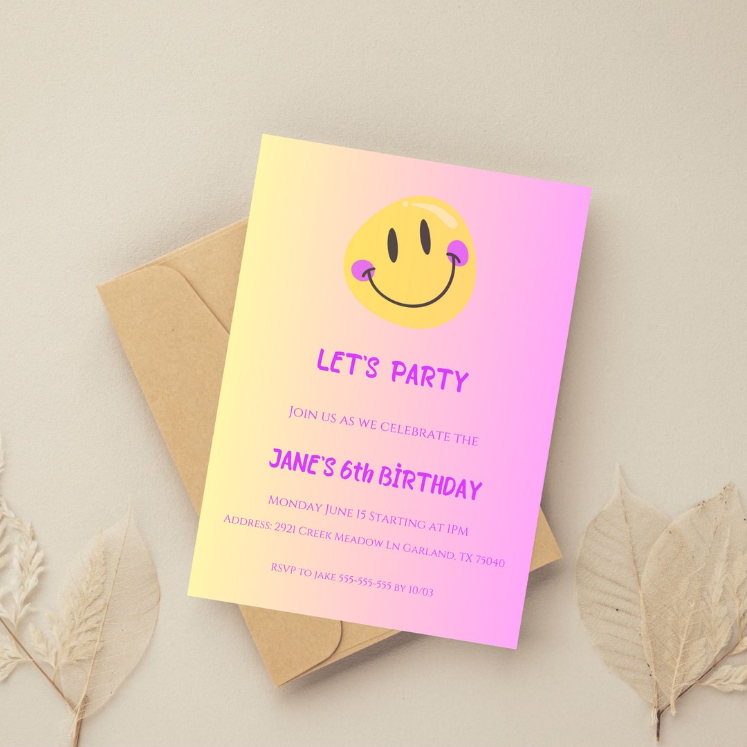 Birthday Invitation for Girl, Smiley Face, Editable Template, Modern ...