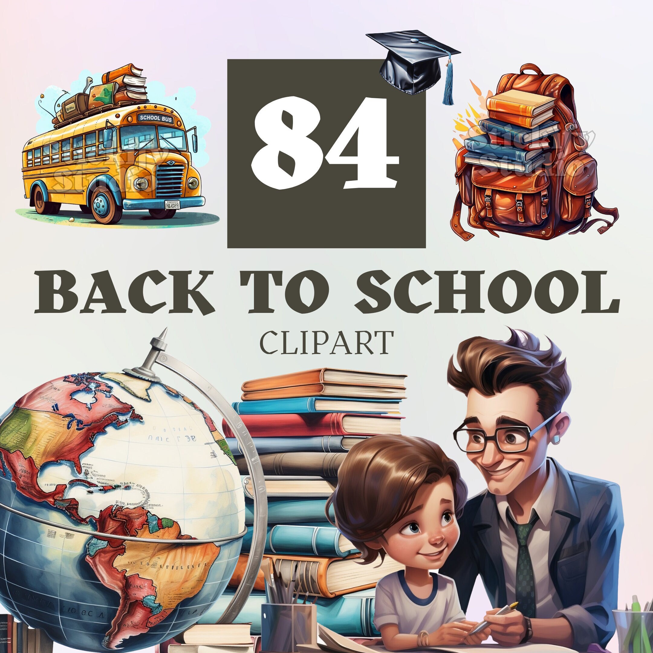 Back to School Clipart Bundle, Transparent Background Clipart, School ...