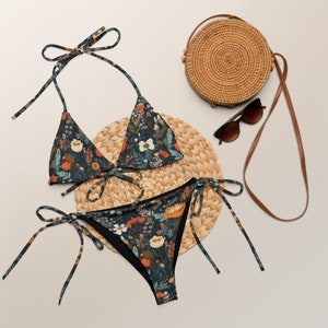 Dark Teal Floral String Bikini Set | Comfortable | Eye-catching Design | Double-layered | UPF 50 ...