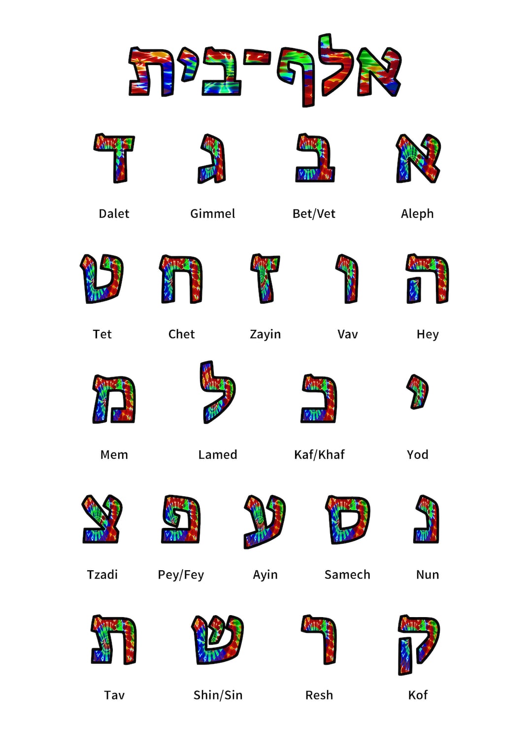 Aleph Bet Hebrew Tie Dye Alphabet Download | Tie Dye Hebrew Letters - Etsy