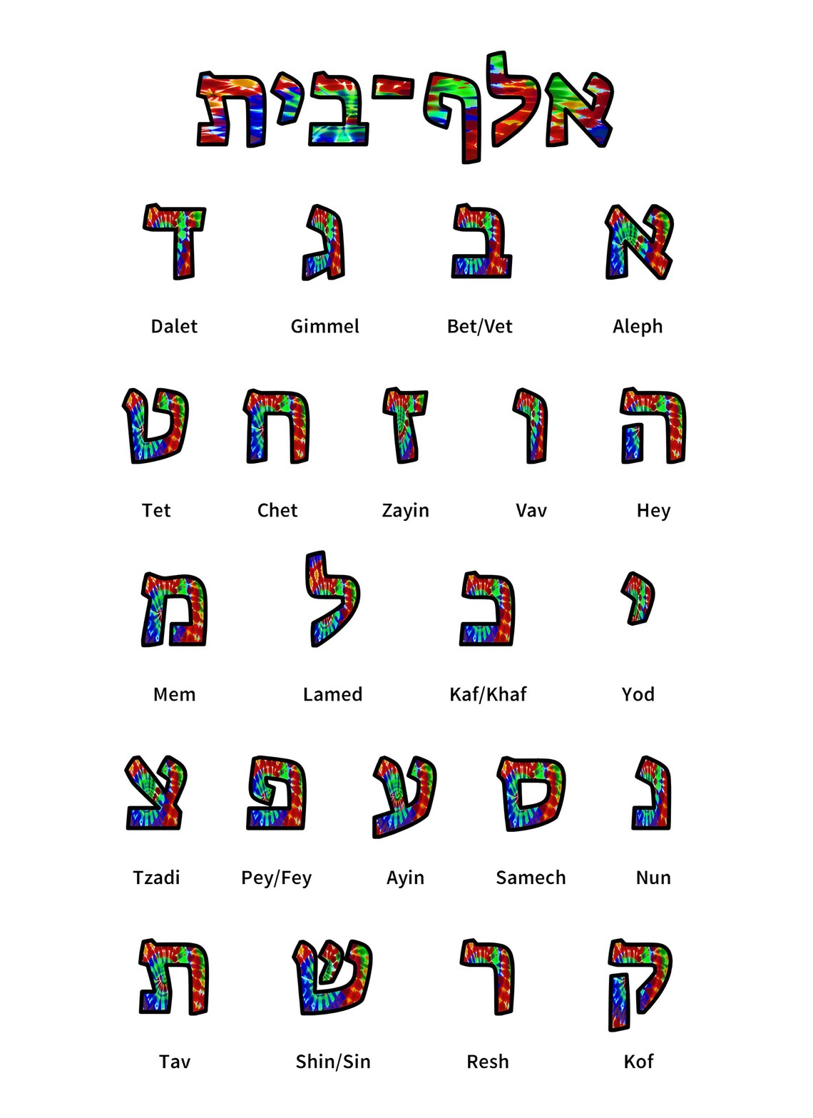 Aleph Bet Hebrew Tie Dye Alphabet Download | Tie Dye Hebrew Letters - Etsy