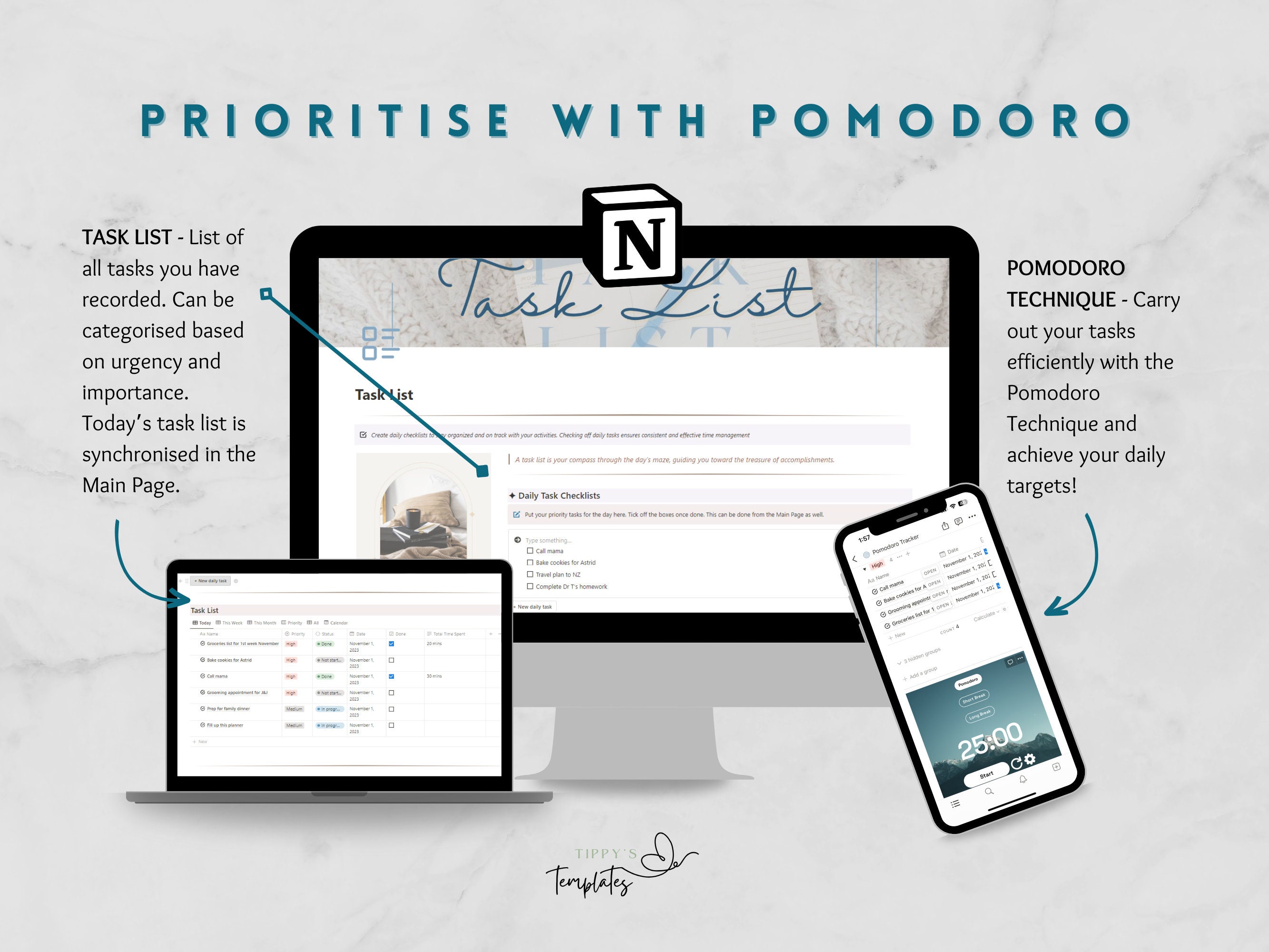 Notion Productivity Planner Aesthetic Template, Daily Pomodoro Tracker ...