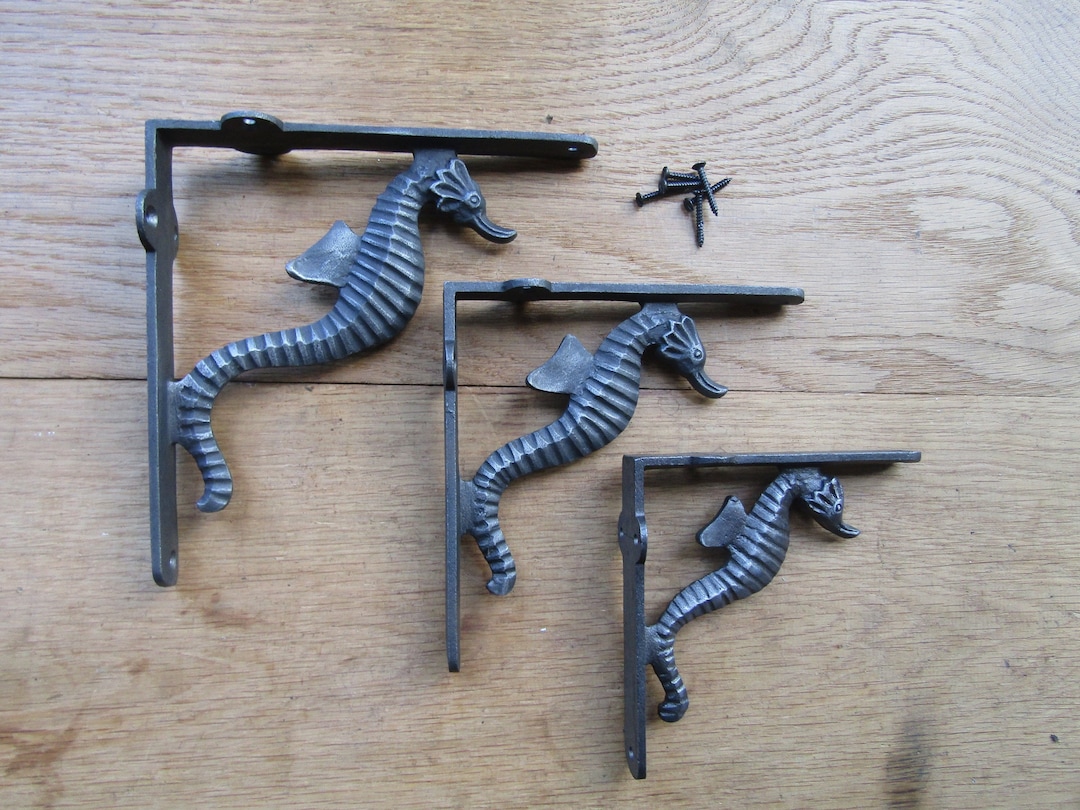 Pair of SEAHORSE NAUTICAL Cast Iron Rustic Decorative Ornate Vintage ...