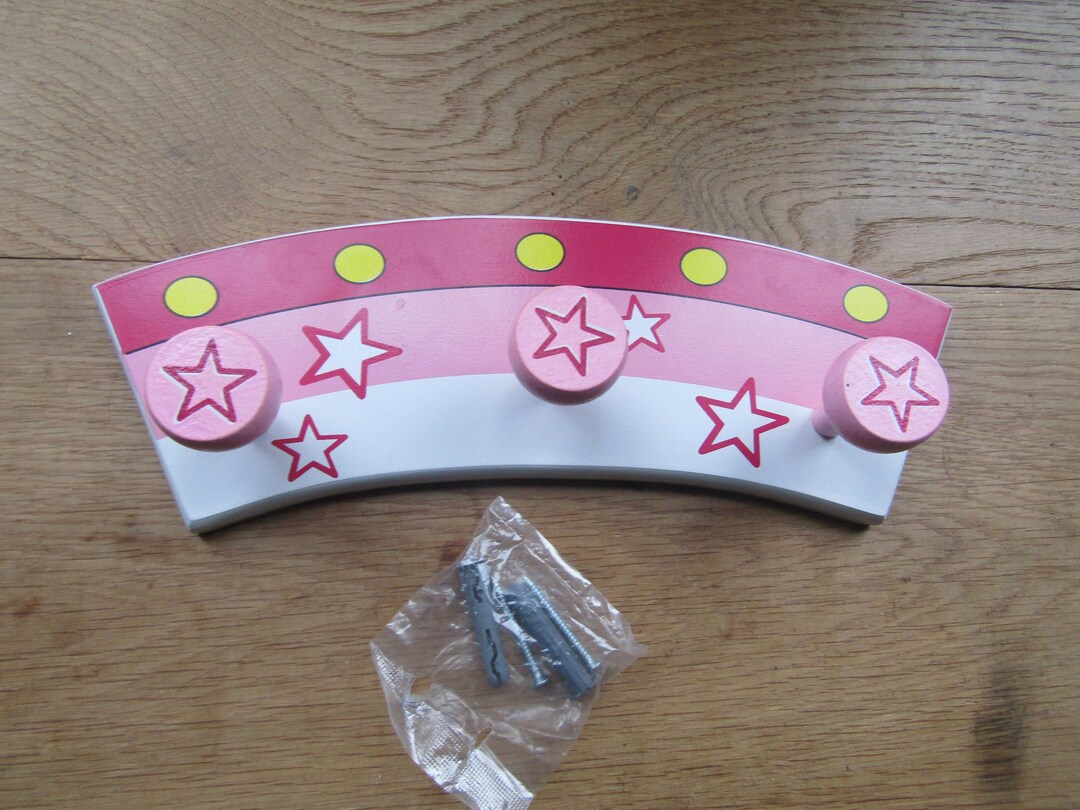 PINK STAR 3 HOOK Rail Wooden Girls Child's Kids Nursery School Coat ...