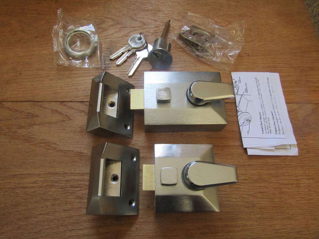 SATIN CHROME Double Locking Door Deadlock Cylinder Lock Night Latch ...