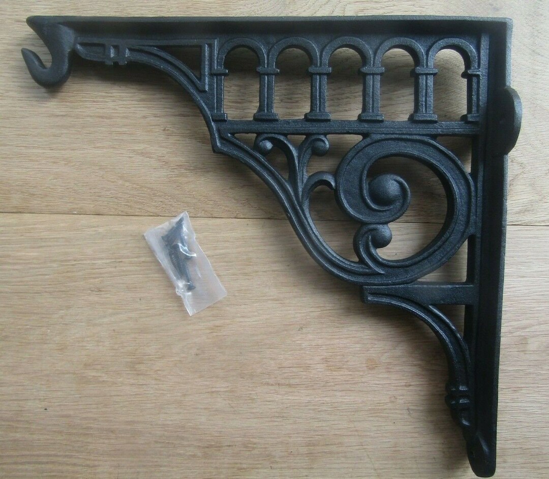 Rustic Iron 14" HOOK BRACKET Heavy Cast Iron Vintage Old Railway Garden ...