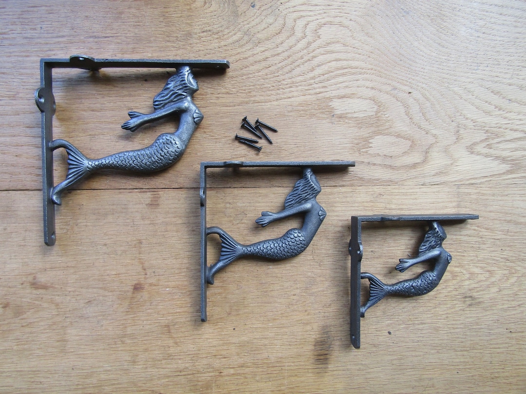 Pair of MERMAID NAUTICAL Cast Iron Rustic Decorative Ornate Vintage ...