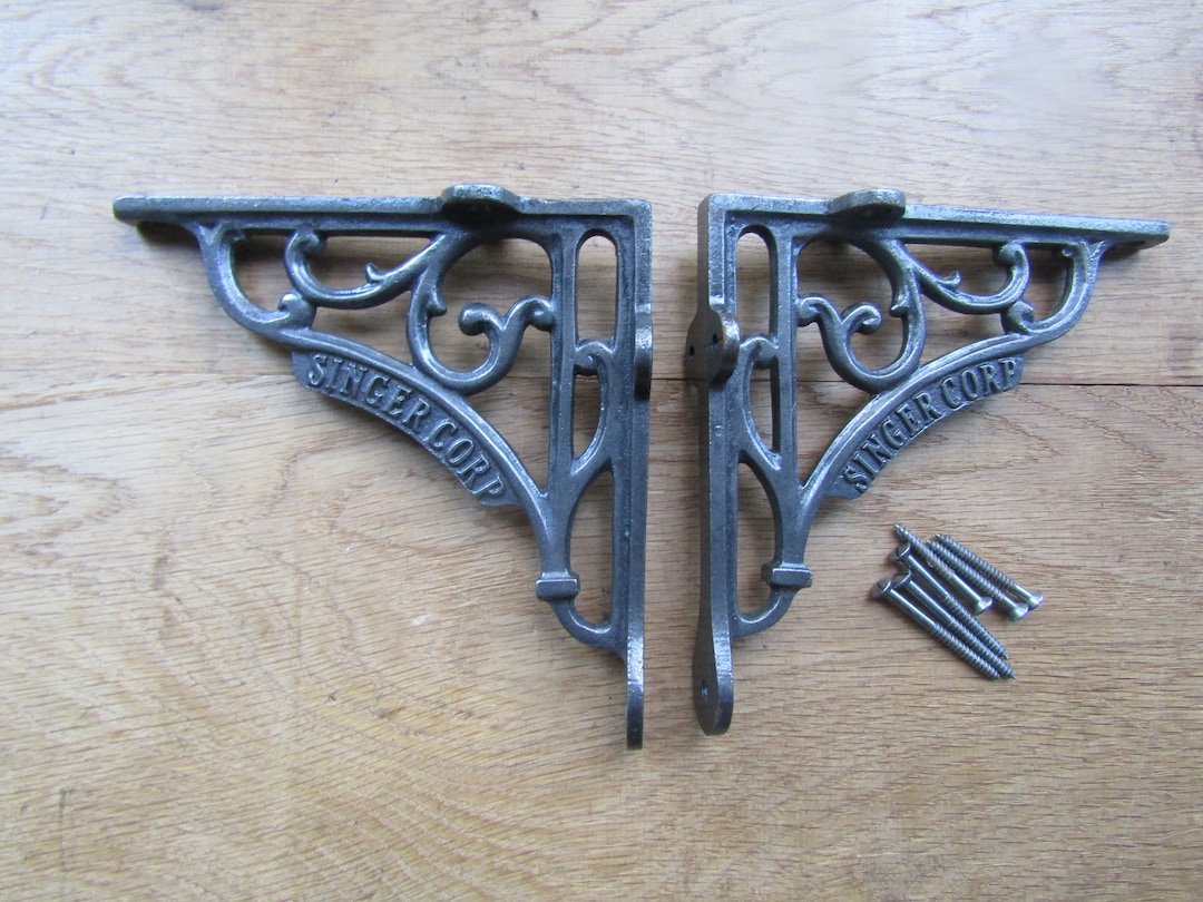 PAIR of Rustic Iron Shelf Brackets Scaffold Antique Vintage 5" SINGER ...