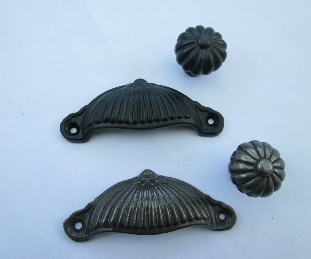 Cast Iron Rustic RIDGED Cup Handle Knob Vintage Cabinet Handle Cupboard ...