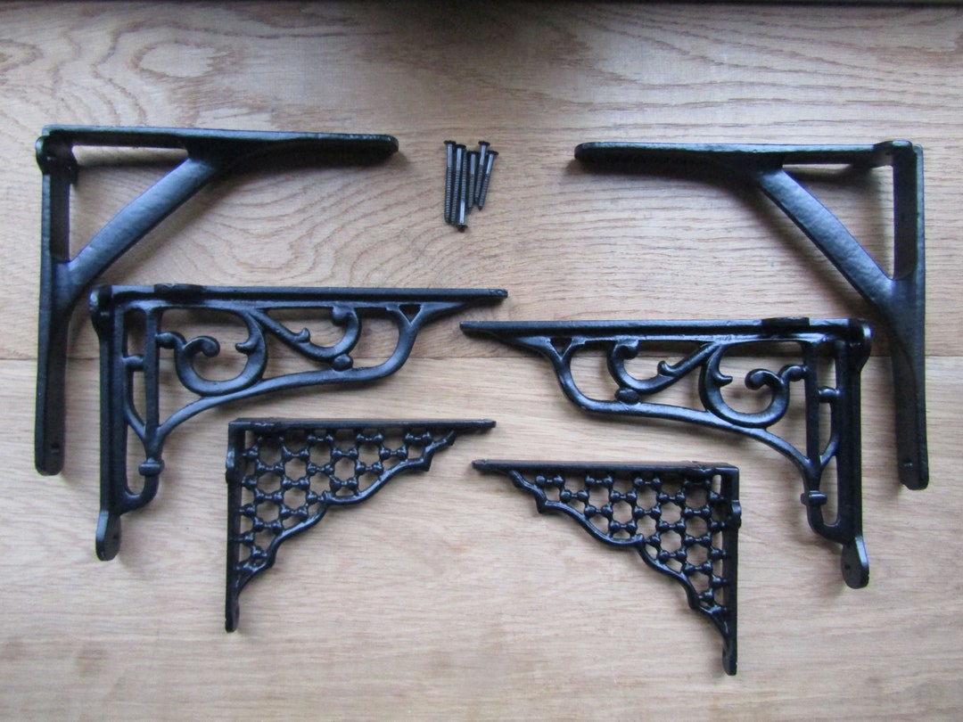 Iron Rustic SHELF BRACKETS PAIR Shelving Vintage Old Victorian Scroll ...