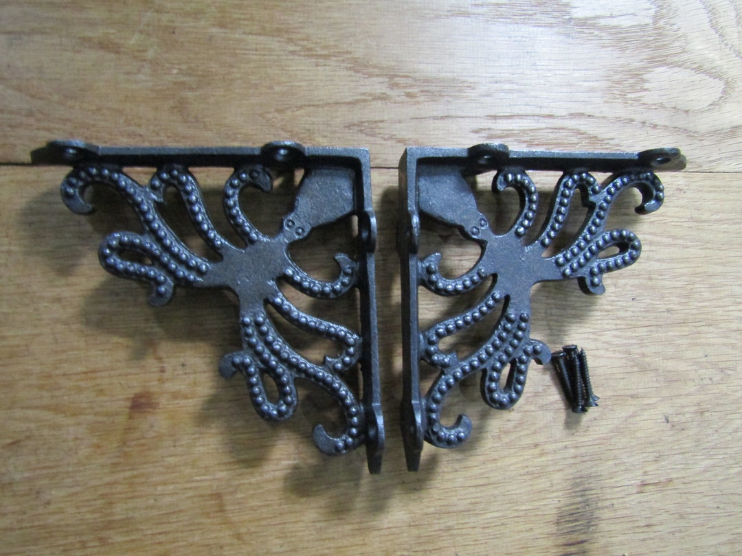 PAIR of Rustic Shelf Brackets OCTOPUS Cast Iron Decorative Scaffold ...