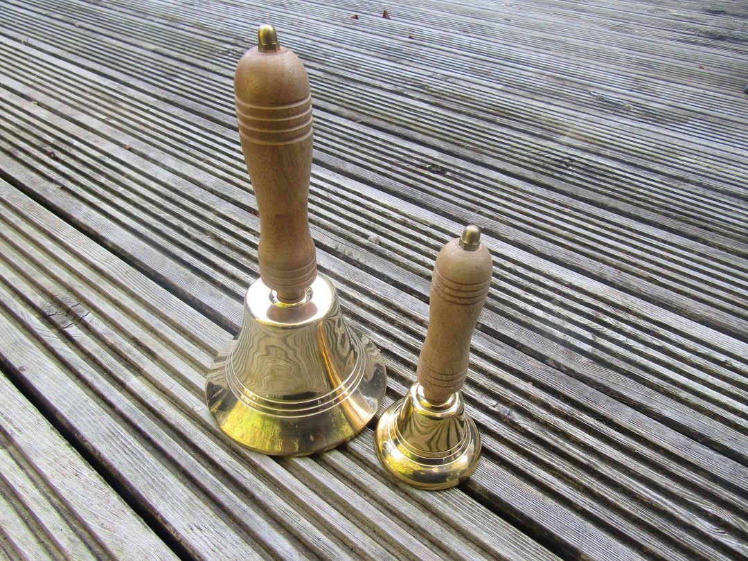 HANDHELD BELL Solid Brass Wooden Antique Vintage Victorian Retro Style ...