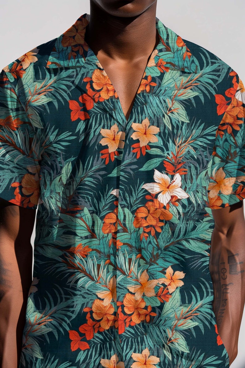 Hawaiian Shirt Men Flower Button up Boho Shirt Gift for Travel Lover ...