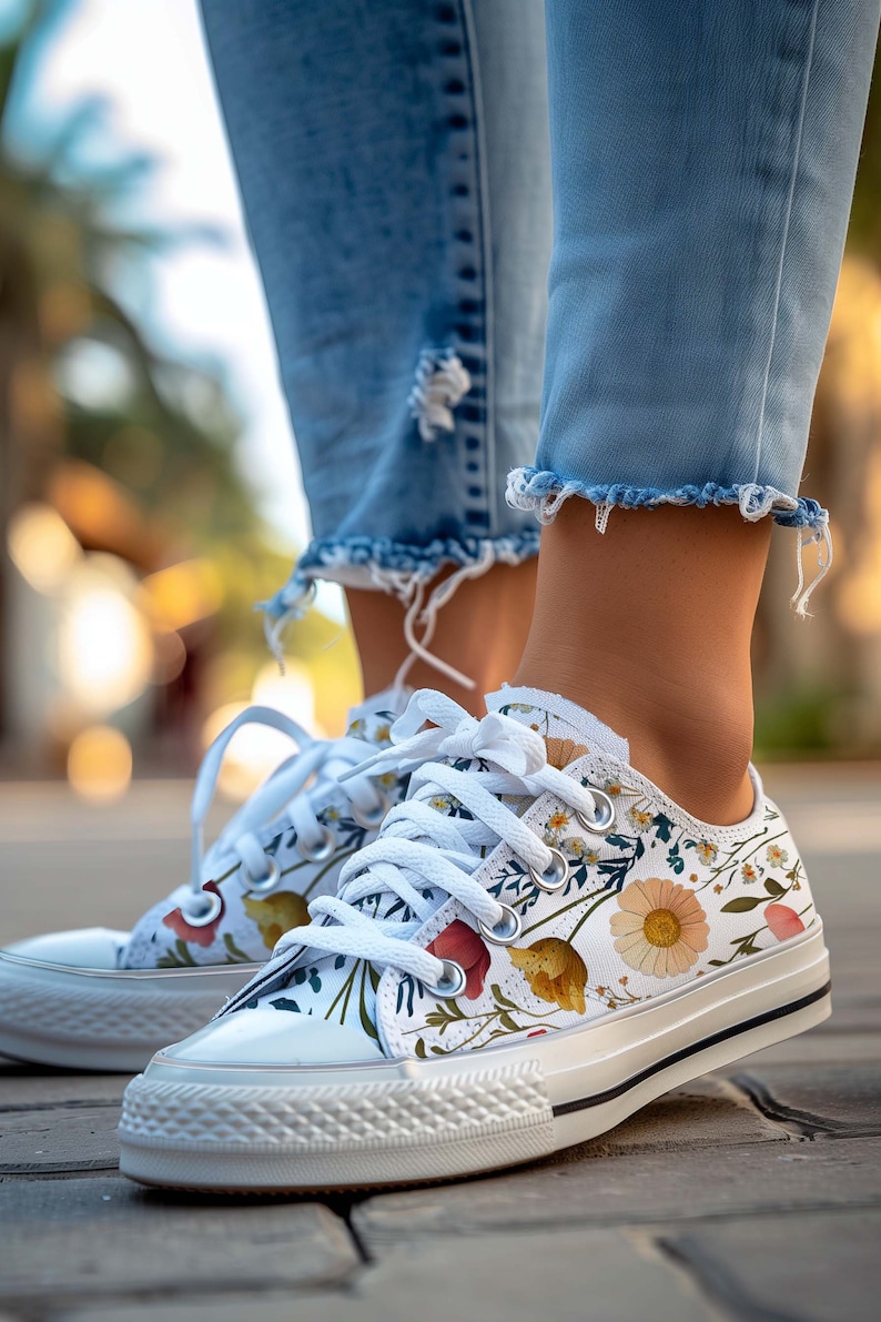 Black Shoes Wildflower White Sneakers Boho Flower Gift for Daughter ...