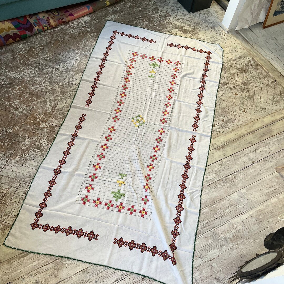 Vintage, XL Rectangle Rare Antique, White Linen, Colourful Hand ...