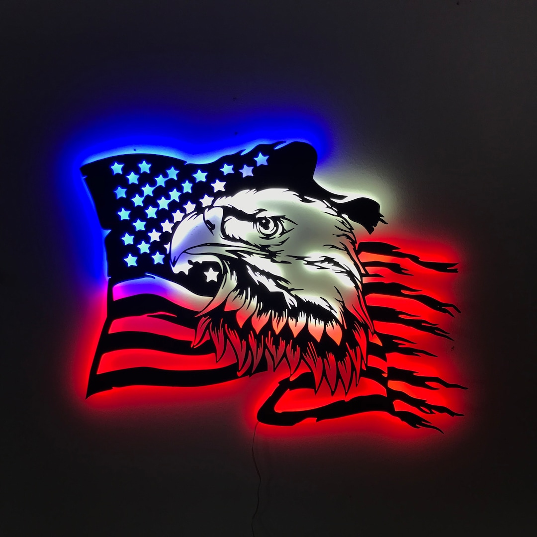 American Eagle USA Flag Metal Led, Led USA Flag, Eagle Led Wall Art ...