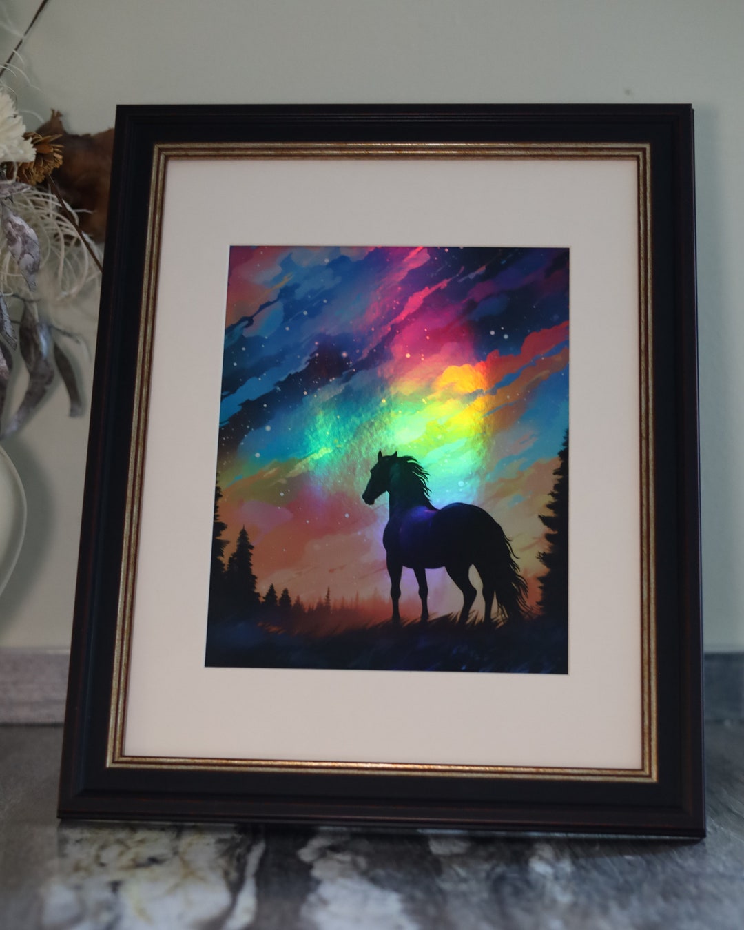 Holo Horse in Open Field Under Northern Lights Art Print Wall Decor ...