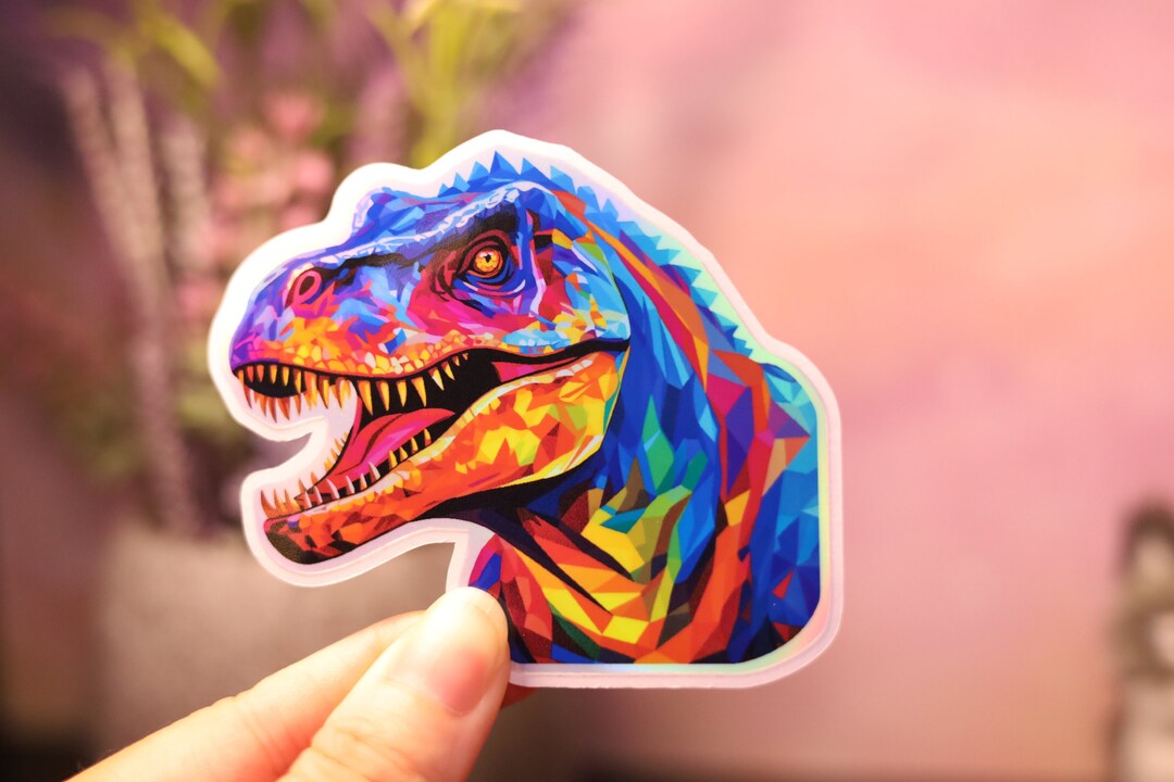 Holographic T-rex Sticker Rainbow Decal Laptop Hydro Tag Shiny Handmade ...