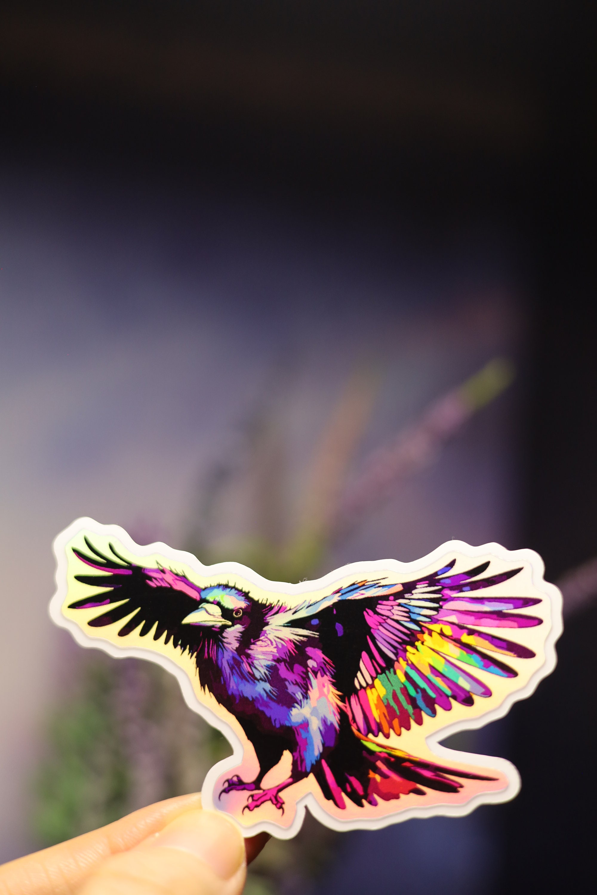 Holographic Crow Flapping Wings Sticker Rainbow Decal Laptop Crow Shiny ...