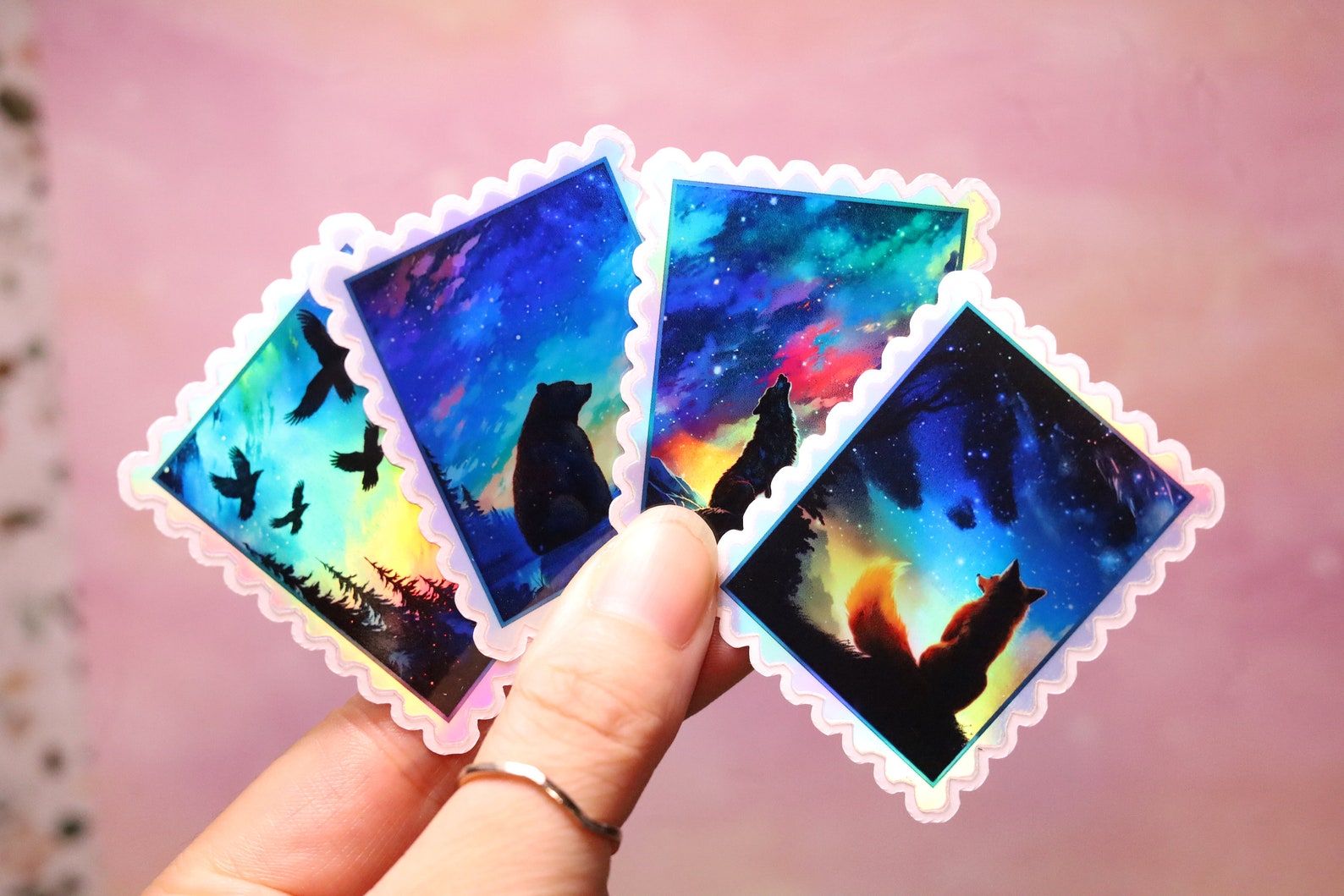 Holo Lone Wolf Howling Sticker: Handmade, Die-cut, Holographic Starry ...