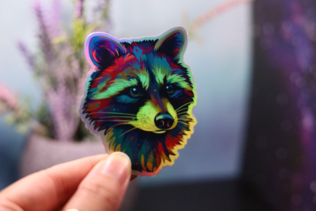 Holographic Raccoon Sticker Rainbow Decal Laptop Hydro Handmade Die-cut ...