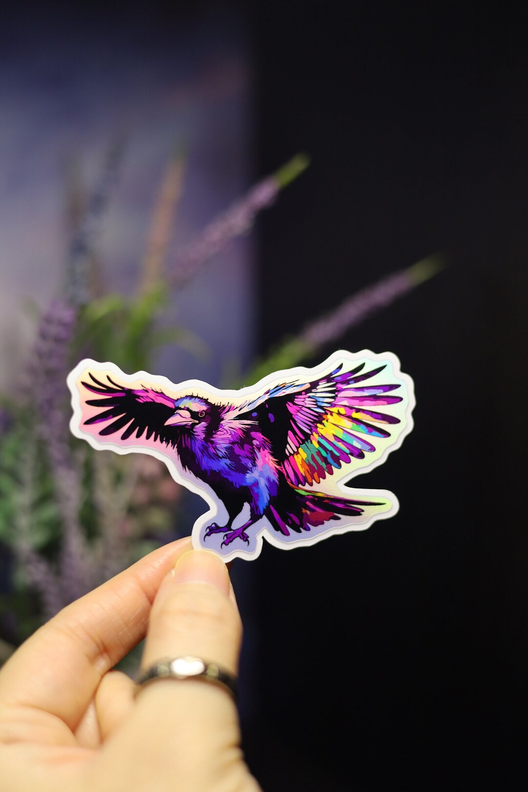 Holographic Crow Flapping Wings Sticker Rainbow Decal Laptop Crow Shiny Handmade Die-cut Bujo ...