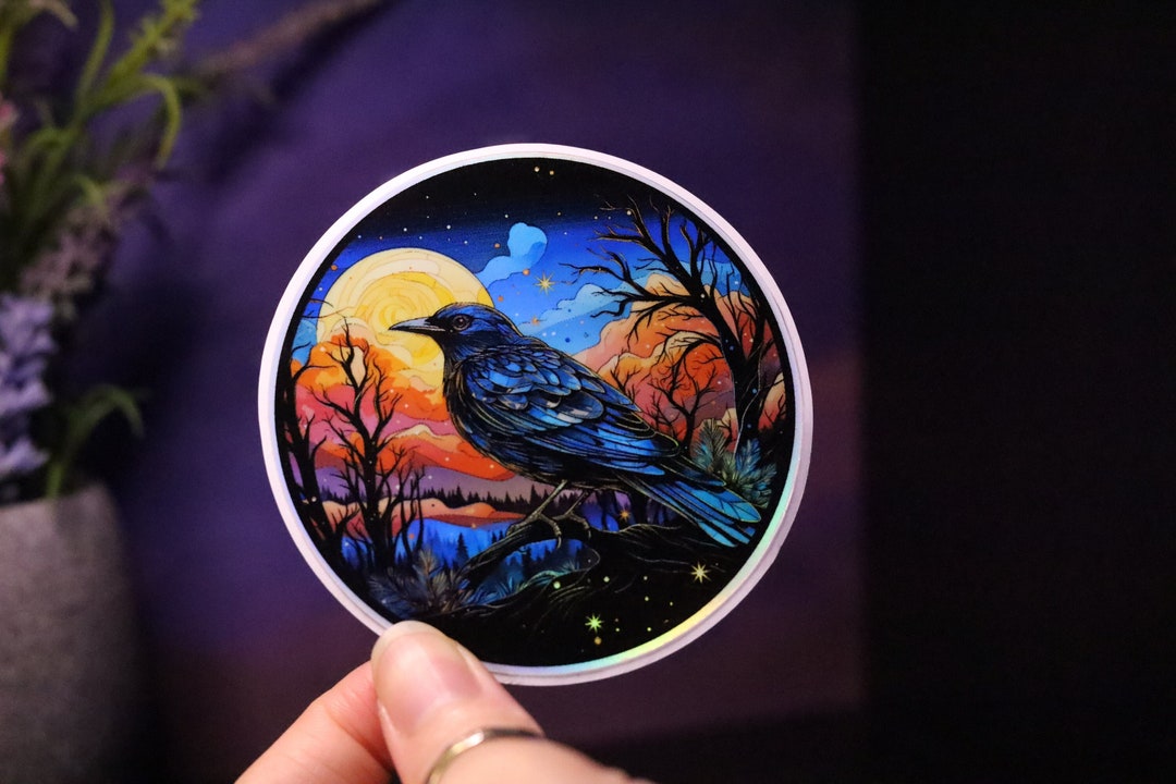 Moonlit Starry Night Raven Sticker Scene Dark Forest Rainbow Decal ...