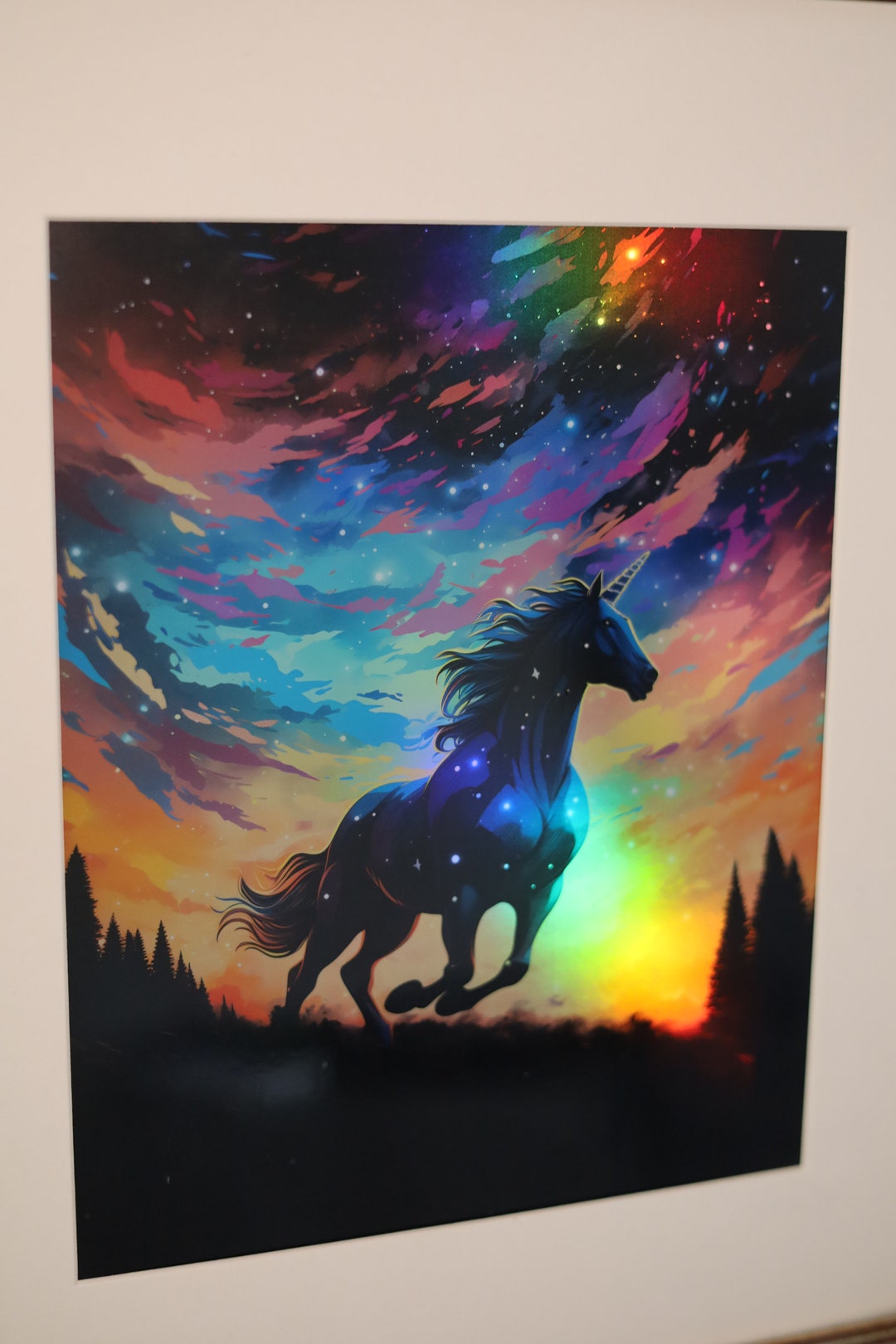 Holographic Black Unicorn Art Print Mythical Wall Decor Northern Lights ...