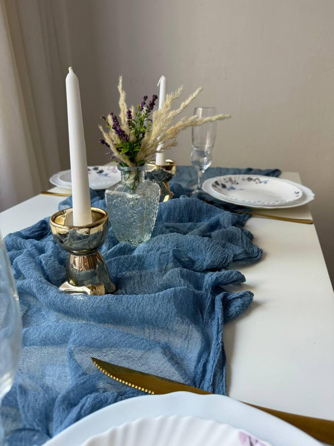 Dusty Blue Cheesecloth Table Runner for Boho Wedding Decor, Rustic ...