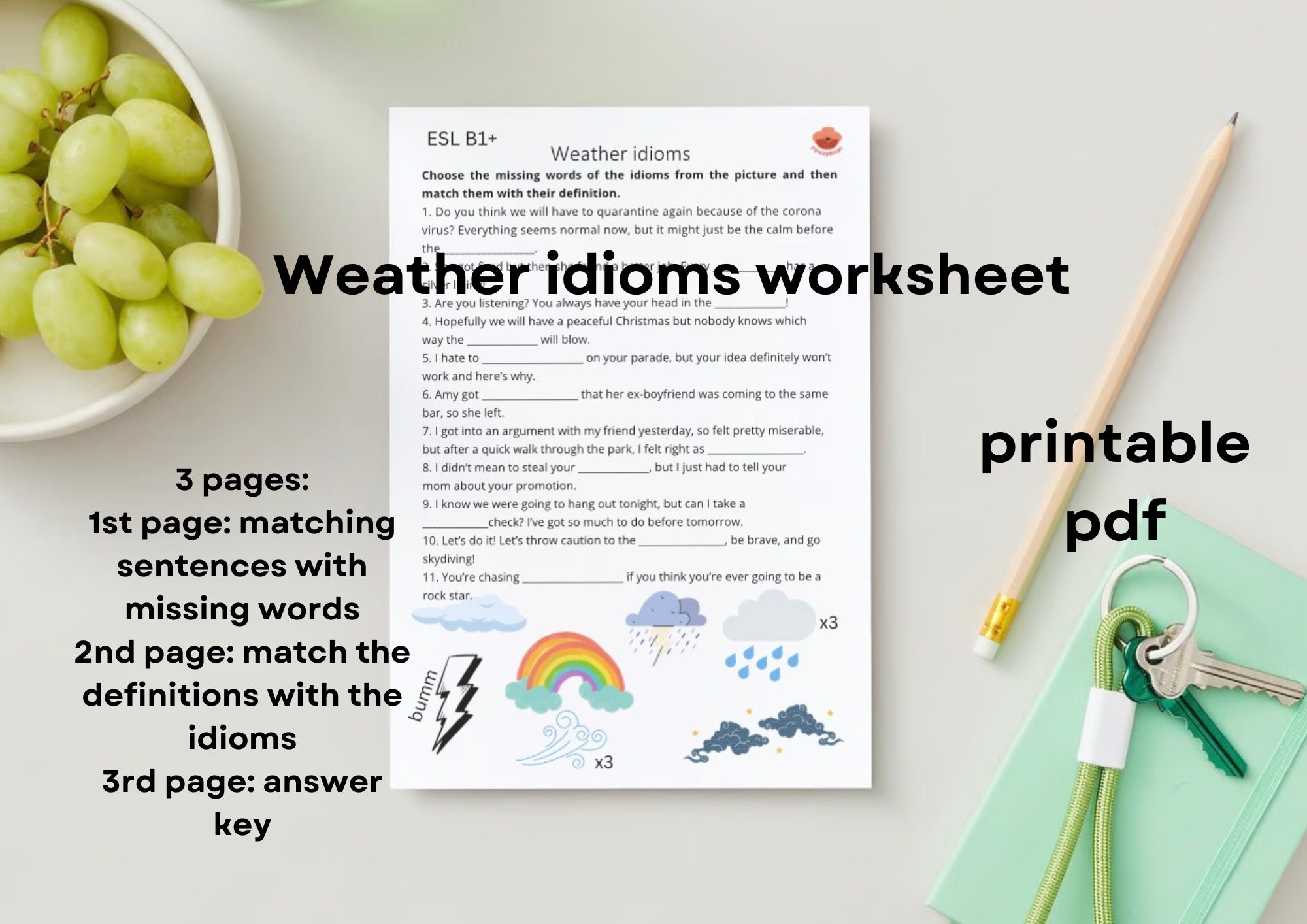 ESL Weather Idioms Worksheet, English Language, B1, B2, C1, Preliminary ...