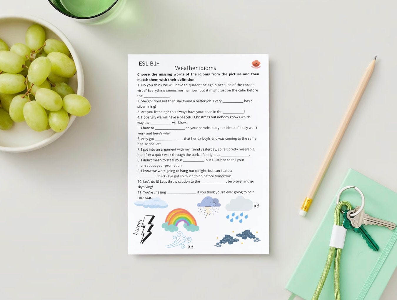 ESL Weather Idioms Worksheet, English Language, B1, B2, C1, Preliminary ...