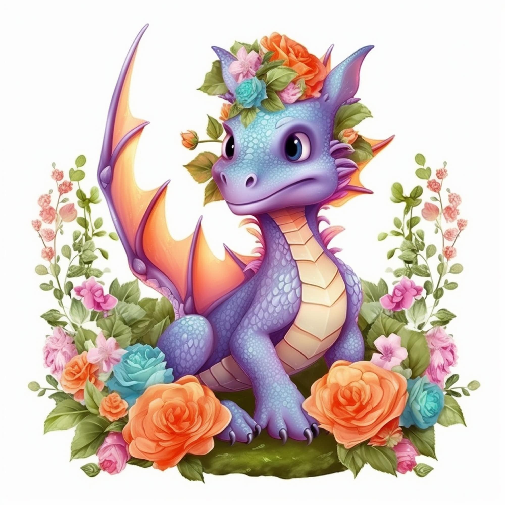 9 Cute Watercolor Dragons With Flowers Clipart, Fantasy Dragons ...