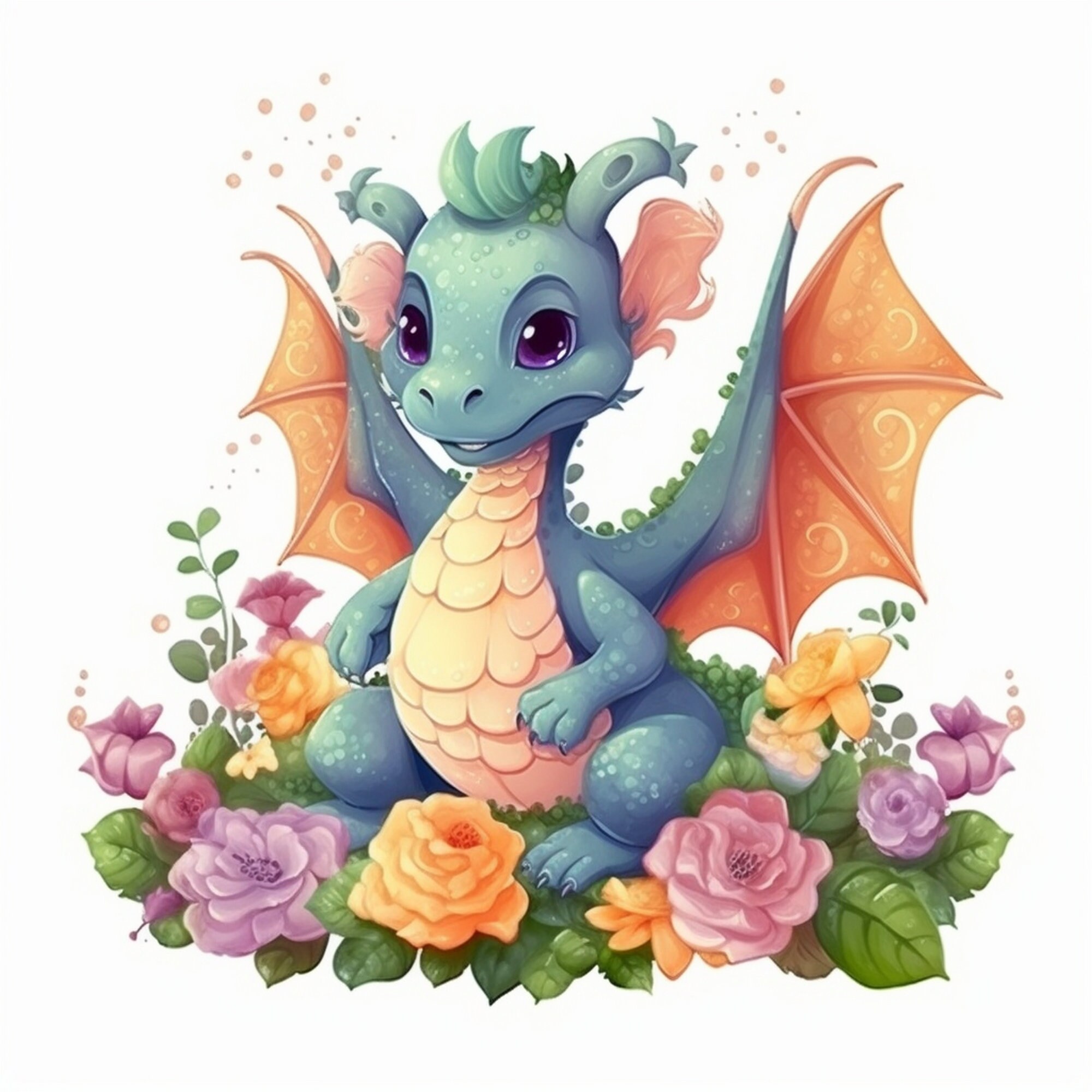 9 Cute Watercolor Dragons With Flowers Clipart, Fantasy Dragons ...